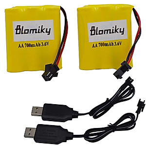 Blomiky 2 Pack 3.6V 700mAh AA Nicd Rechargeable Battery Pack with SM-2P 2 Pin Plug and USB Charger Cable for SY-E571 RC Excavator RC Cars 3.6V Battery and USB 2