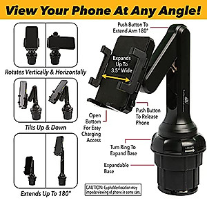 BulbHead Phone Crane Mount for Car, As Seen On TV, Ultra-Long Arm Raises Over a Foot Higher, Drive Safer, 360° Rotation, Vertical & Horizontal Adjustment, Twistable Base Fits Any Cupholder