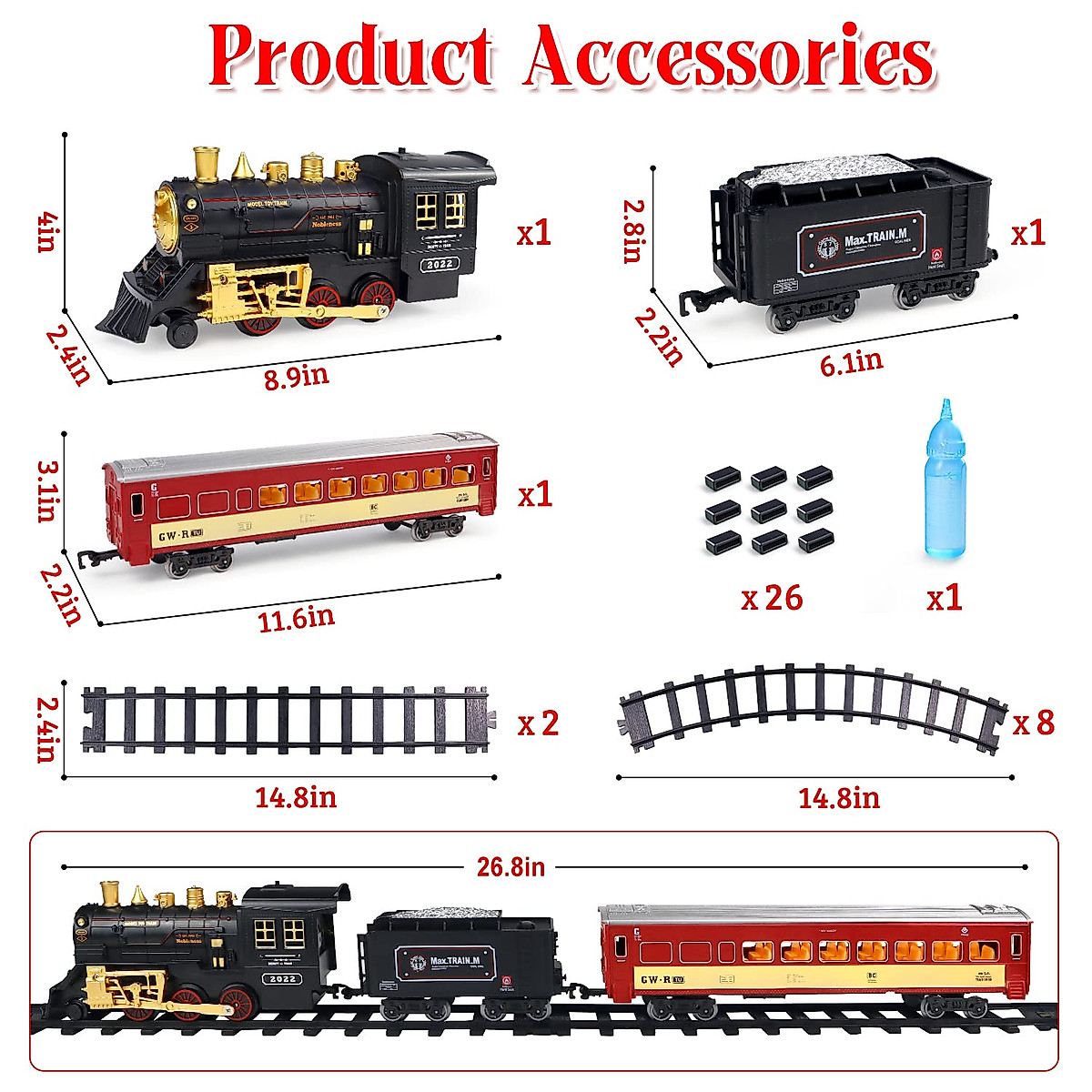 Train Set for Boys Girls - Electric Toy Train Including Passenger Coach with Lights, Steam Locomotive with Realistic Sounds & Headlight, Coal Car - Christmas Train Sets Under The Tree, Gift for Kids