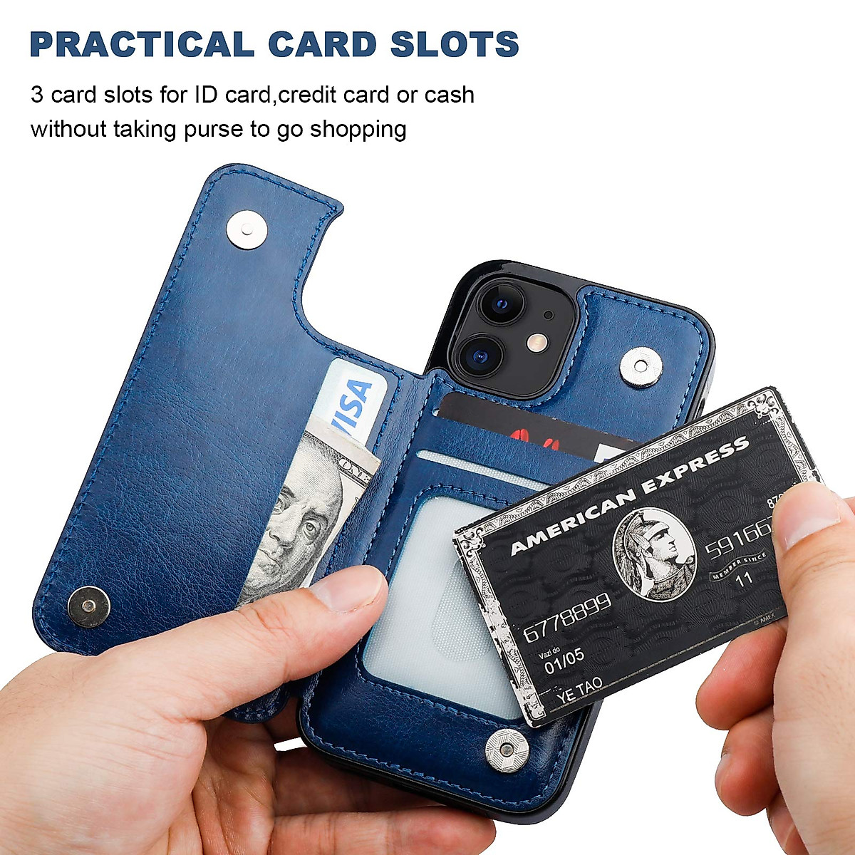 ONETOP Compatible with iPhone 12 Mini Wallet Case with Card Holder, PU Leather Kickstand Card Slots Case, Double Magnetic Clasp and Durable Shockproof Cover 5.4 Inch(Blue)