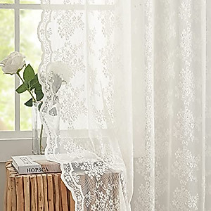 YJ YANJUN Sheer Lace Curtains for Bedroom Ivory Elegant Victorian Curtains Scalloped Edges Floral Kitchen Window Curtains 63 Inch Length Rod Pocket, 52 x 63 Inch, Ivory