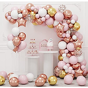 RUBFAC Rose Gold Balloon Garland Arch Kit with Pink Gold White Balloons for Graduation Birthday Party Baby Shower Wedding Decorations