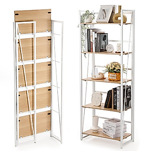 Rengue No-Assembly Folding Bookshelf Storage Shelves 5 Tiers Foldable Vintage Multifunctional Plant Flower Stand Storage Rack Shelves Bookcase for Home Office, White