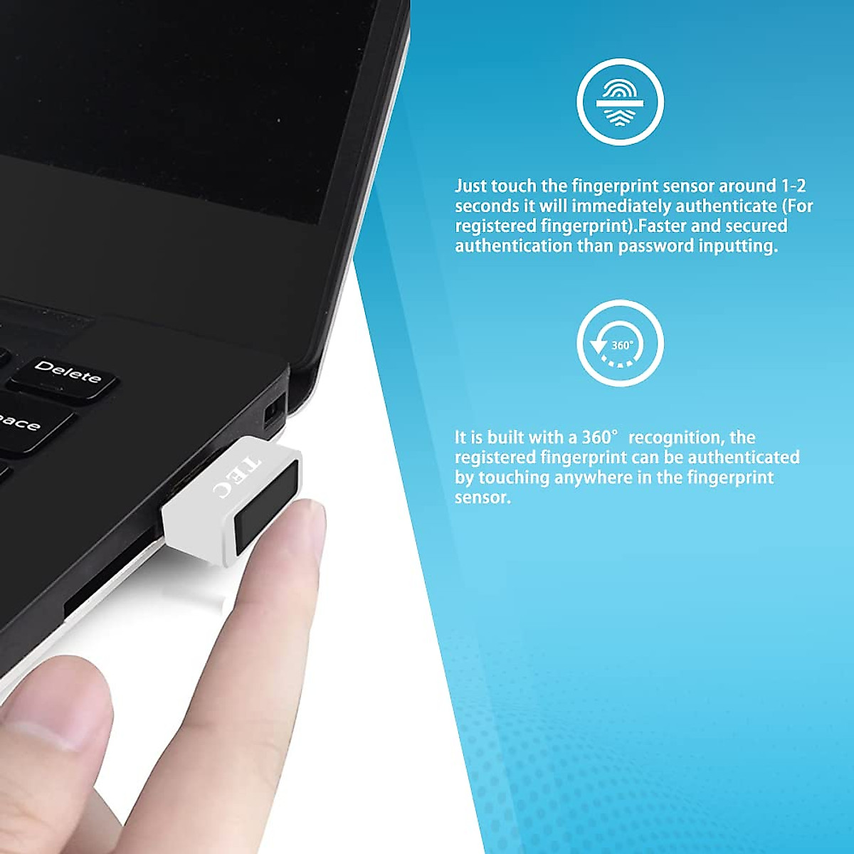 TEC TE-FPA3 Mini USB Fingerprint Reader Compatible with Windows 11 & 10, 360° Touch Speedy Matching Biometric Scanner for Password-Free Login and File Encryption