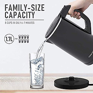 COOKTRON 1.7L Quiet Electric Kettle, Double Wall Hot Water Boiler BPA-Free Cool Touch Tea Kettle, Cordless with Auto Shut-Off & Boil Dry Protection, 1500W Fast Boiling, Black