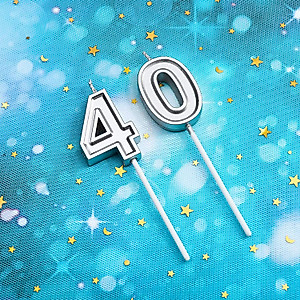 40th Birthday Candles, Number 40 Candles, Happy Birthday Cake Topper Numeral Candles Decoration for Men Women Birthday Party Wedding Decoration Anniversary Celebration Supplies Theme Party (Silver)
