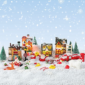 44 Pieces Christmas Light up Village Houses LED Lights Christmas Village Scene Display Tiny Resin Fairy Figurines Accessories Miniature Ornaments for Collection Table Decor