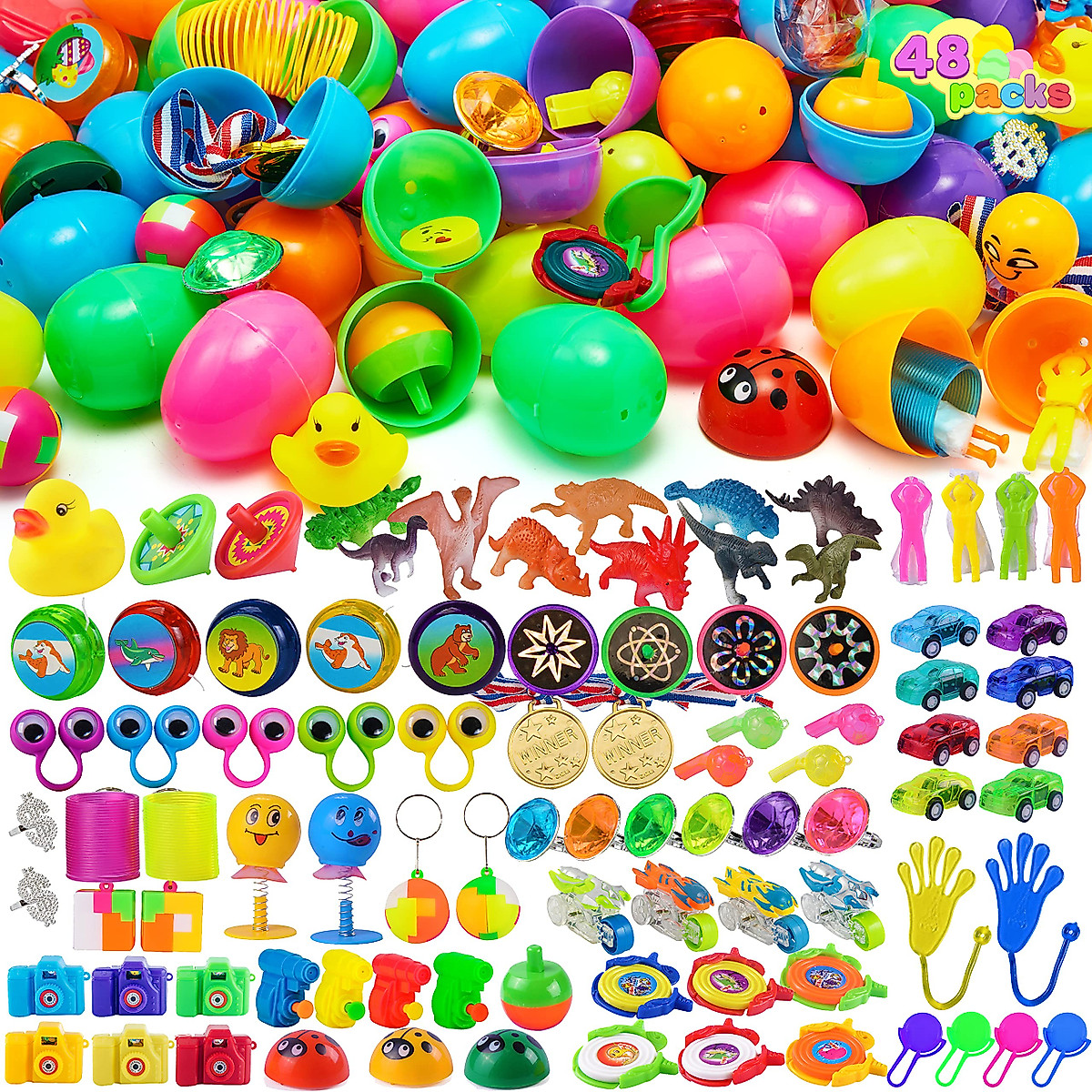 JOYIN 48Pcs Easter Eggs with Toys Inside, Prefilled Easter Eggs with Popular Assorted Toys for Kids Boys Girls, Easter Party Favors Easter Eggs Hunt, Basket Stuffers Filler, Classroom Exchange