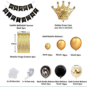 Black Gold Birthday Party Decoration Set, Including Happy Birthday Banner, Balloons, Metallic Fringe Curtain, Flower Pompoms, Golden Crown, Suit Perfect For Girls or Boys, Men or Women Birthday Party