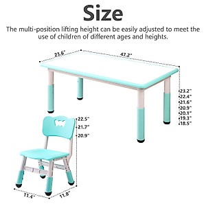 monleelnom Children's Table and Chair Set Suitable for Boys and Girls Age 2-12 Height Adjustable Table top Can be Painted with 6 Seats Suitable for Family Learning Daily use (Mint Green)