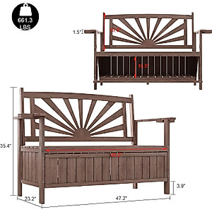 Timechee Outdoor Storage Bench Large Deck Box, 47.2" Patio Wooden Loveseat Benches, Garden Seating Furniture with Cup Holder & Storage Space for Tools for Deck, Porch & Balcony, Brown