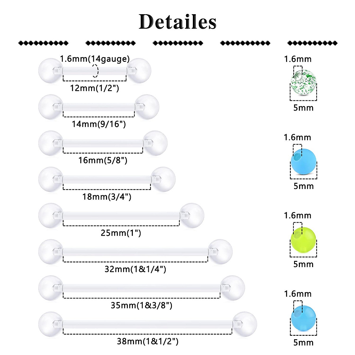 QWALIT 14g Plastic Industrial Barbell Earrings Pregnancy Belly Button Ring Nipple Tongue Rook Eyebrow Piercing Retainer Flexible Clear Curved Barbell Replacement Balls for Work Surgery