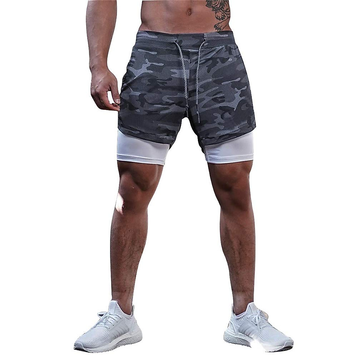 Surenow Mens Running Shorts，Workout Running Shorts for Men，2-in-1 Stealth Shorts，7-Inch Gym Yoga Outdoor Sports Shorts Camouflage Grey