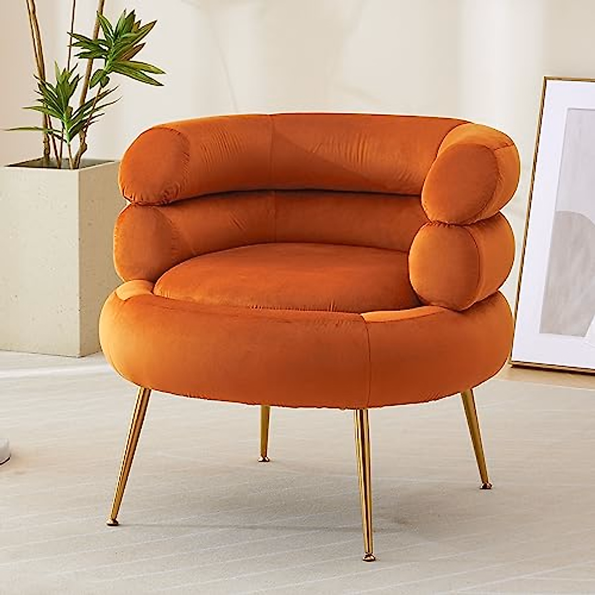 (77 x 72 x 72) Cm(L x W x H) Orange Elvet Accent Chair with Arms for Living Room, Modern Single Sofa Armchair with Ottoman Upholstered Reading Club Chair for Bedroom Office Decorative
