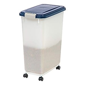 IRIS USA 35 Lbs / 47 Qt WeatherPro Airtight Pet Food Storage Container with Attachable Casters, For Dog Cat Bird and Other Pet Food Storage Bin, Keep Pests Out, Easy Mobility, BPA Free, Navy/Pearl
