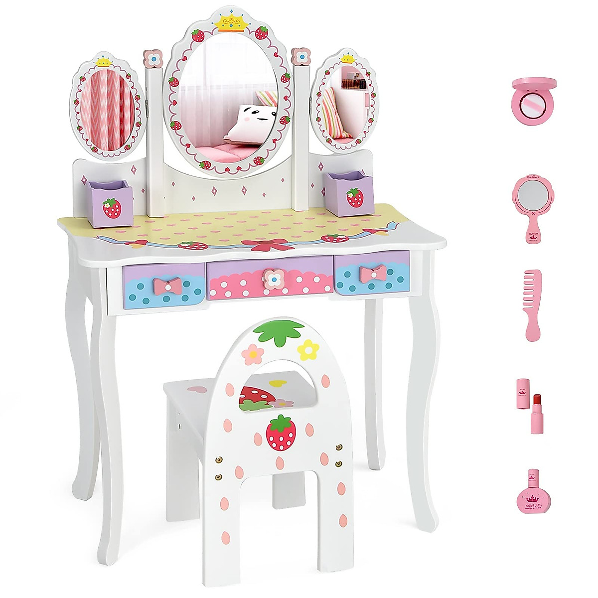 OLAKIDS Kids Vanity, 2 in 1 White Strawberry Wooden Dressing Table and Chair Set for Toddlers with Tri-Folding Mirror, Stool, Storage Drawers, Pretend Beauty Make Up Princess Play Set for Little Girls