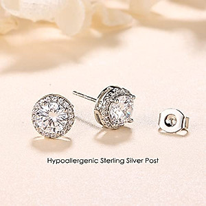 MILACOLATO Cubic Zirconia Stud Earrings Women Men 18K White Gold Hypoallergenic Sterling Silver Post Earrings Brilliant Large Simulated Diamond Halo Stud Earrings for Sensitive Ears