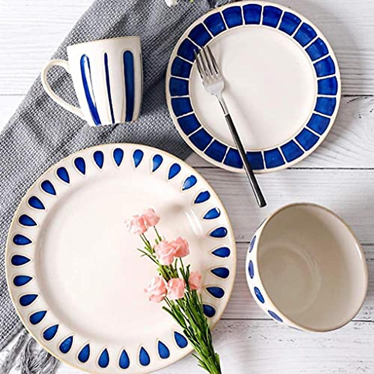 GagalU Tabletop Dinner SetsFine Dinnerware Set,4 Pieces Blue White Ceramic Dinner Set Porcelain Mug Plate Bowl Lead-Free Tableware