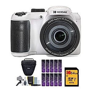 Kodak PIXPRO AZ255 Astro Zoom 16MP Digital Camera (White) Bundle with 64GB Memory Card, High-Performance Ultra Alkaline AA Batteries (10-Pack), Camera Case and Accessory (4 Items)