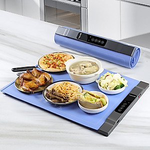 7-Level Roll-Up Electric Food Warming Mat - Full Surface Silicone Rapid Heating Mat Keeps Food Evenly Heated - Simple Controls Electric Warming Tray to Make Your Gatherings Enjoyable - Blue