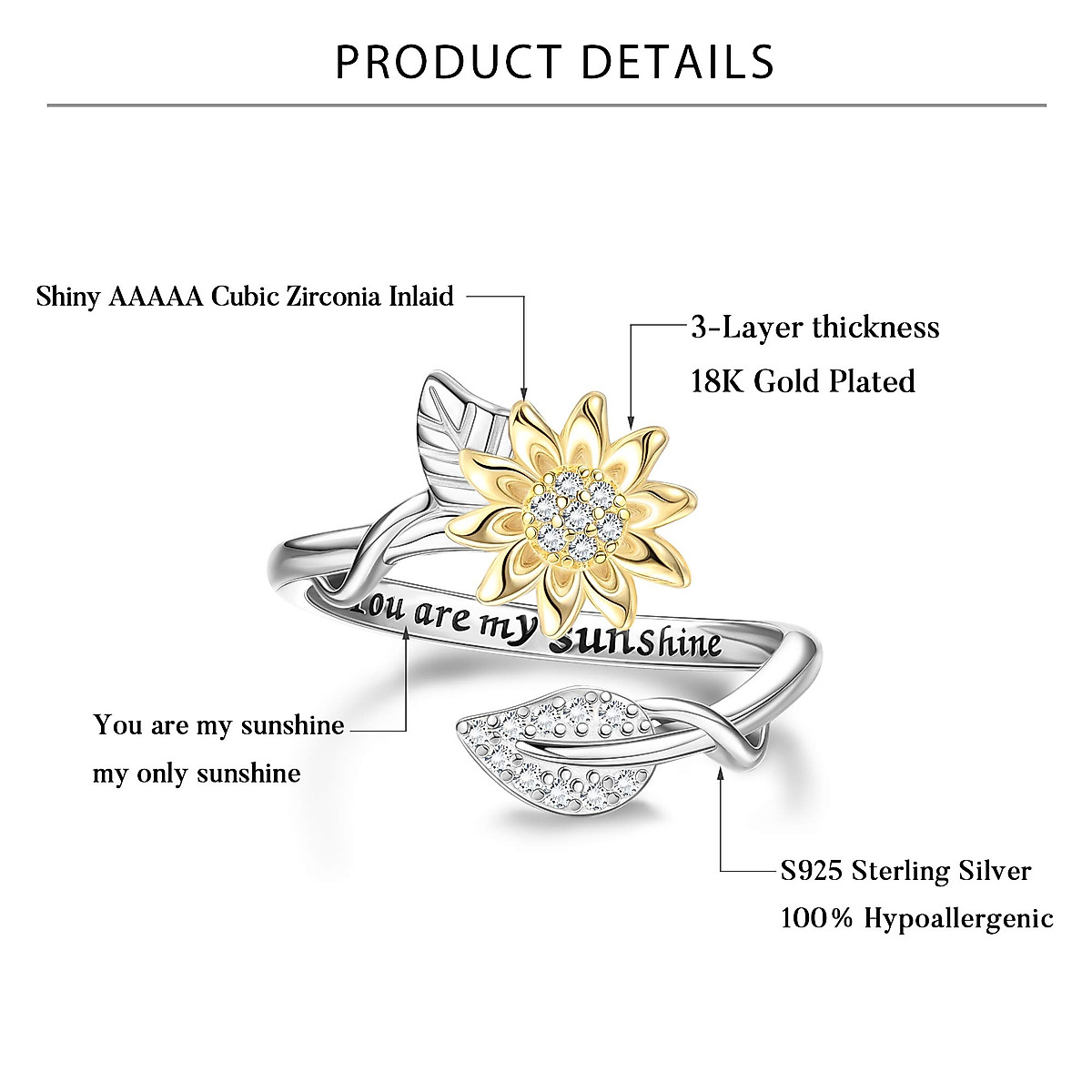 MILACOLATO Sunflower Ring Sterling Silver You are My Sunshine Ring 18K Gold Plated Adjustable Sunflower Band Rings for Women Valentine's Day Mother's Day Jewelry Gifts for Her, Size 9