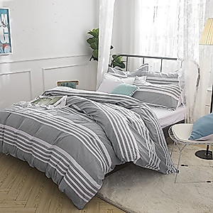 Merryfeel Cotton Duvet Cover Set,100% Cotton Seersucker Duvet Cover Set,Yarn Dyed stirped Duvet Cover Set,3 Pieces Bedding Set, King - Grey