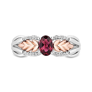 Jewelili Enchanted Disney Fine Jewelry Sterling Silver and 10K Rose Gold 6x4 MM Oval Shape Rhodolite Garnet and Natural White Round Diamond Accents Anna Wheat Ring, Size 7