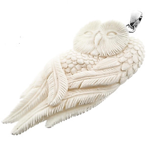 Hand Carving Feather Owl Buffalo Bone 925 Sterling Silver Pendant, 3"
