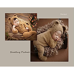 Newborn Photography Props Boy Outfits Bear Baby Girl Photo Props Outfits Hat Footed Romper Sleeved Stretch Set for Photoshoot (Brown)