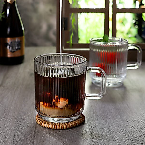 Ymyaye Clear Glass Coffee Mug Set of 4, 12 Ounces Ribbed Glassware with Spoon, Classic Vertical Stripes Tea Mugs for Soda, Latte, Espresso, Cappuccino, Gift for Birthday Holidays Wedding Anniversary