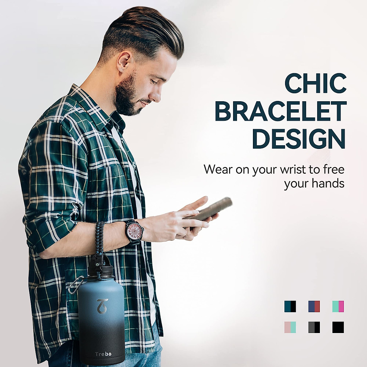 Trebo Water Bottle 32oz/64oz with Paracord Handle, Half Gallon Food-grade Double Wall Vacuum Stainless Steel Insulated Jug with Straw Spout Lids, Leakproof Keep Cold & Hot, Ombre: Indigo/Black