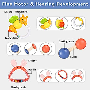 MOONTOY Baby Rattles Teether Set Toys for 0 1 2 3 4 5 6 7 8 9 10 11 12 Month Old Baby Boy Girl, 9PCS Baby Toys Sensory Toys Early Development Newborn Birthday Gifts Infant Toys 0-3-6-12 Month