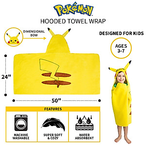 Pokemon Pikachu Bath/Pool/Beach Soft Cotton Terry Hooded Towel Wrap, 24" x 50", By Franco Kids