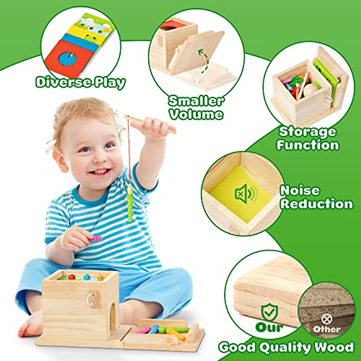 5-in-1 Wooden Play Kit Montessori Toy - Object Permanence Box, Coin Box, Carrot Harvest, Catch Worm, Shape Sorter - Toddler Learning Toy for Kid Age 1, 2, 3 Year Old, Girl boy Gift for Baby 6-12 Month