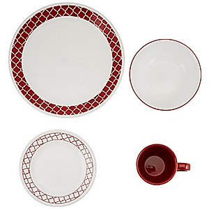 Corelle Crimson Trellis Chip and Break Resistant Dinner Set, Glass, Red, Set of 16, 29 x 29 x 14.5 cm