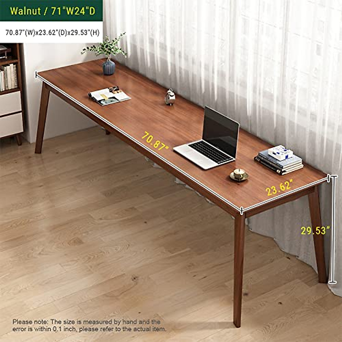 NELYE Mid-Century Long Desk Table - 71 Inches Wood Simple Modern Extra-Long 2-Person Computer Workstation for Home Office Work, Walnut, 71" W x 24" D x 30" H