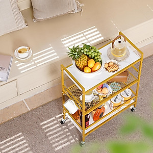 Yoobure Bar Cart with Wheels, Bar Carts for The Home, 3-Tier Rolling Kitchen Cart with Wine Rack and Glass Holder, Home Bar & Serving Carts with Hooks Wine Cart Microwave Cart for Kitchen Living Room