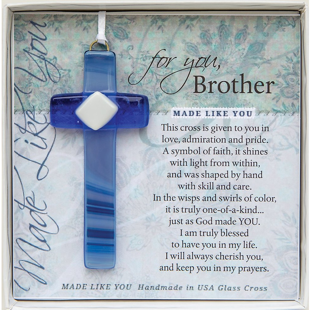 The Grandparent Gift Co. Made Like You Handmade Glass Cross Gift for Brother, Blue