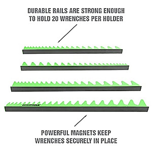 OEMTOOLS 22217 4 Piece Magnetic Rail Wrench Organizer, Magnetic Tool Box Accessories, Wrench Organizers Magnetic, Green
