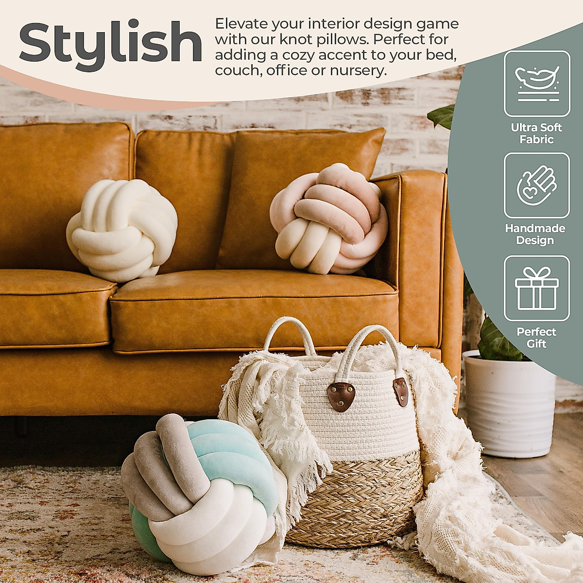 DOMARIE Large Pink Knot Pillow Ball | 10" Cozy & Plush Knot Throw Pillow | Sensory Knotted Pillow for Stress Relief | Knot Ball Pillow for Kids & Adults | Plush Velvet Knot Pillows (Neapolitan)