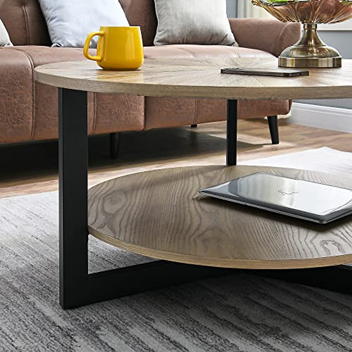 33.5" Round Coffee Table with 2-Tier Storage, Farmhouse Living Room Cocktail Table with Black Metal Leg, Solid Wood Industrial Sofa Center Table,Easy Assembly, Rustic Natural KFZ1338