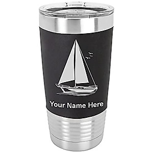 LaserGram 20oz Vacuum Insulated Tumbler Mug, Sailboat, Personalized Engraving Included (Silicone Grip, Black)