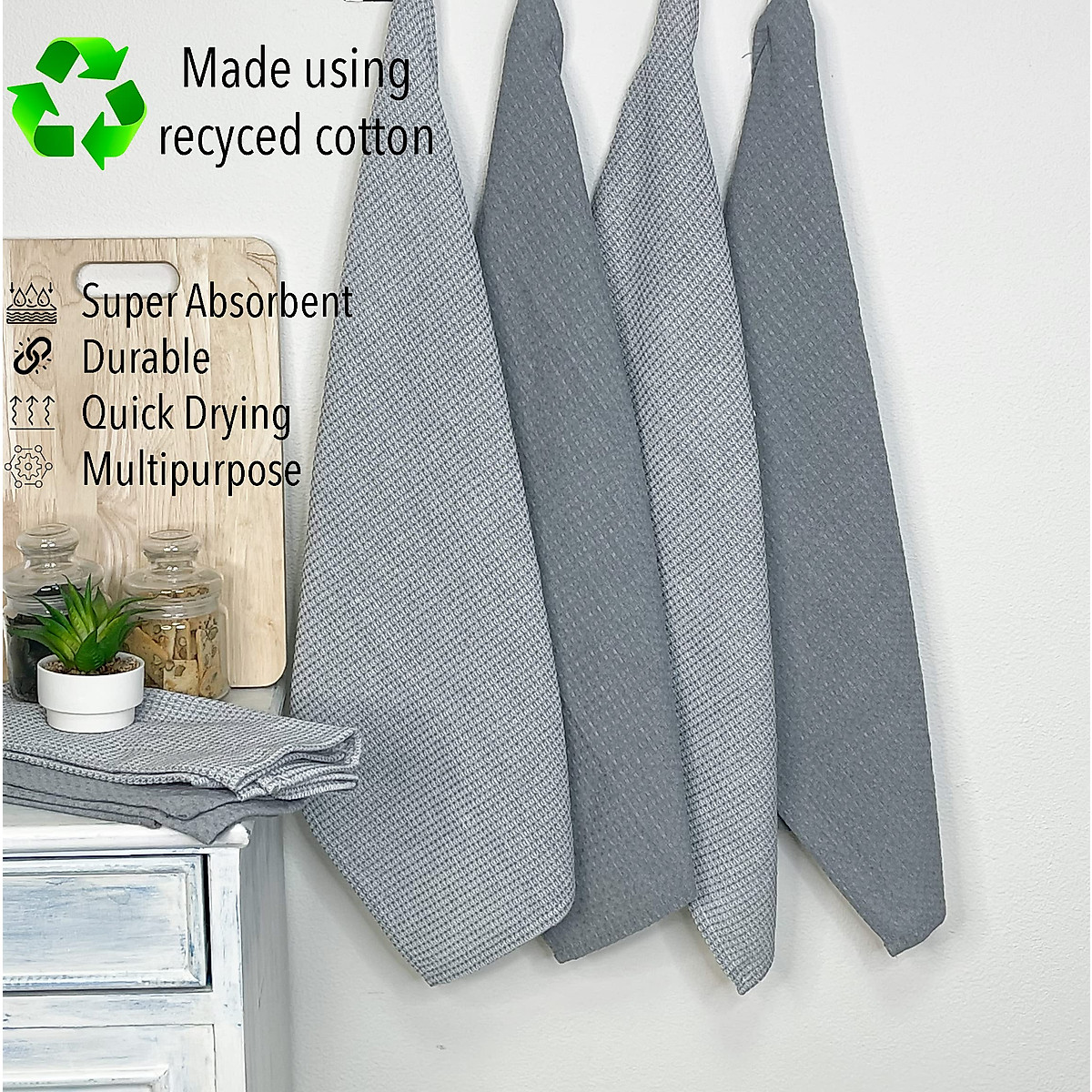 Chardin home Ecofriendly Upcycled Cotton Assorted Waffle Weave Kitchen Towels Set, Grey & White | 18x28 Inch Dish Cloths Set of 6 |Super Absorbent Reusable Ultra Soft Hand and countertop Tea Towels