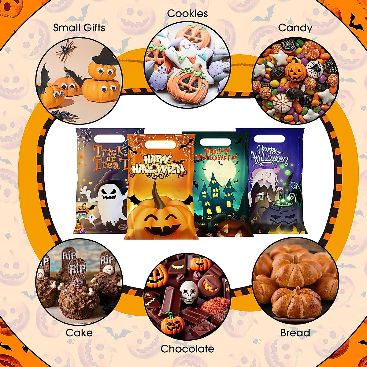 50 Pcs Halloween Goodie Bags with Handles - Happy Halloween Treat Bags, Trick or Treat Gift Bag Bulk, Plastic Halloween Tote Candy Goody Favor Bags for Kids Halloween Party Decorations Favors Supplies