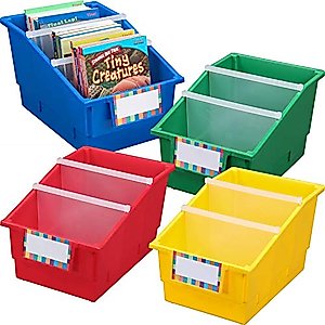 Really Good Stuff Large Plastic Labeled Book & Organizer Bin, Classroom Organizing Baskets, Divided Containers for Books & Supplies, Label Holders, Organize School & Home, Primary Colors 4 pk