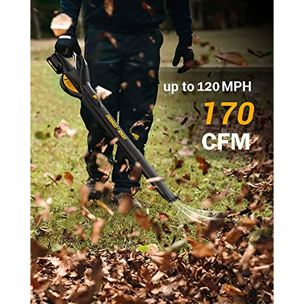 Cordless Leaf Blower with 2 X 20V Battery and Charger, Rock&Rocker Electric Leaf Blower 120MPH/170CFM 6 Adjustable Speeds and 2 Adjustable Tubes for Lawn Care/Yard/Jobsite/Patio