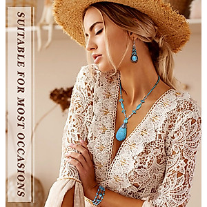 Florideco Bohemian Turquoise Jewelry Set Women Western Turquoise Pendant Necklace Layered Wrap Bangle Bracelet Turquoise Vintage Turquoise Dangle Earrings Boho Jewelry for Women A