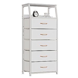 Furnulem White Dresser with 5 Drawers, Vertical Storage Tower Fabric Dresser for Bedroom, Hallway, Entryway, Nursery, Closet Organizer, Nightstand Bedside Table Furniture, Sturdy Steel Frame, Wood Top
