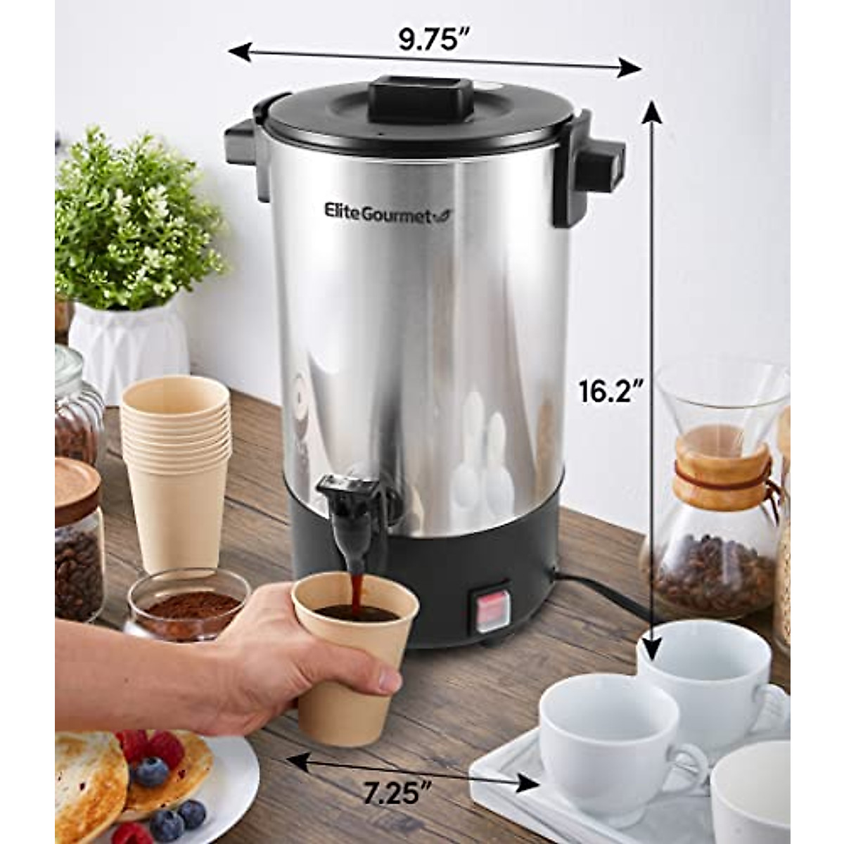 Elite Gourmet CCM-035# Maxi-Matic 30 Cup Stainless Steel Coffee Urn Removable Filter For Easy Cleanup, Two Way Dispenser with Cool-Touch Handles Electric Coffee Maker Urn, Stainless Steel
