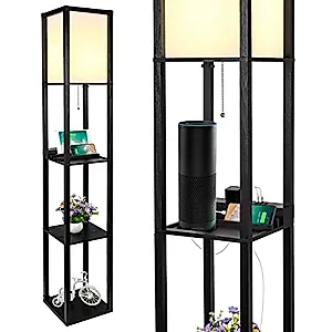 SHINE HAI 3-in-1 Shelf Floor Lamp with 2 USB Ports and 1 Power Outlet, 3-Tiered LED Shelf Floor Lamp, Shelf & Storage & LED Floor Lamp Combination, Modern Standing Light for Living Room, Bedroom